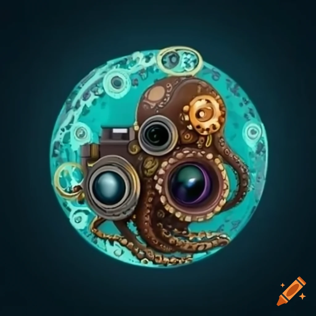 Steampunk octopus with cameras and 3D printer in a circle design on Craiyon