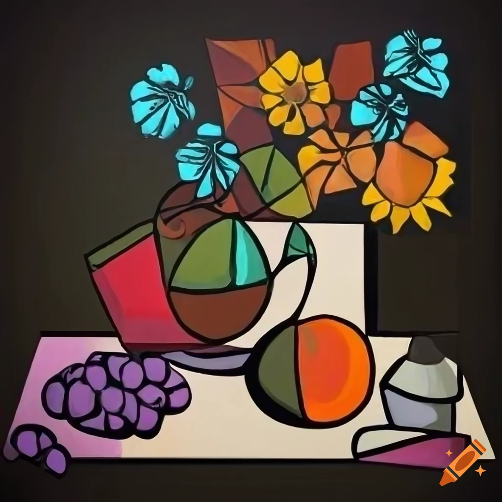 Colorful cubism still life art with fruits and flowers in Picasso style ...