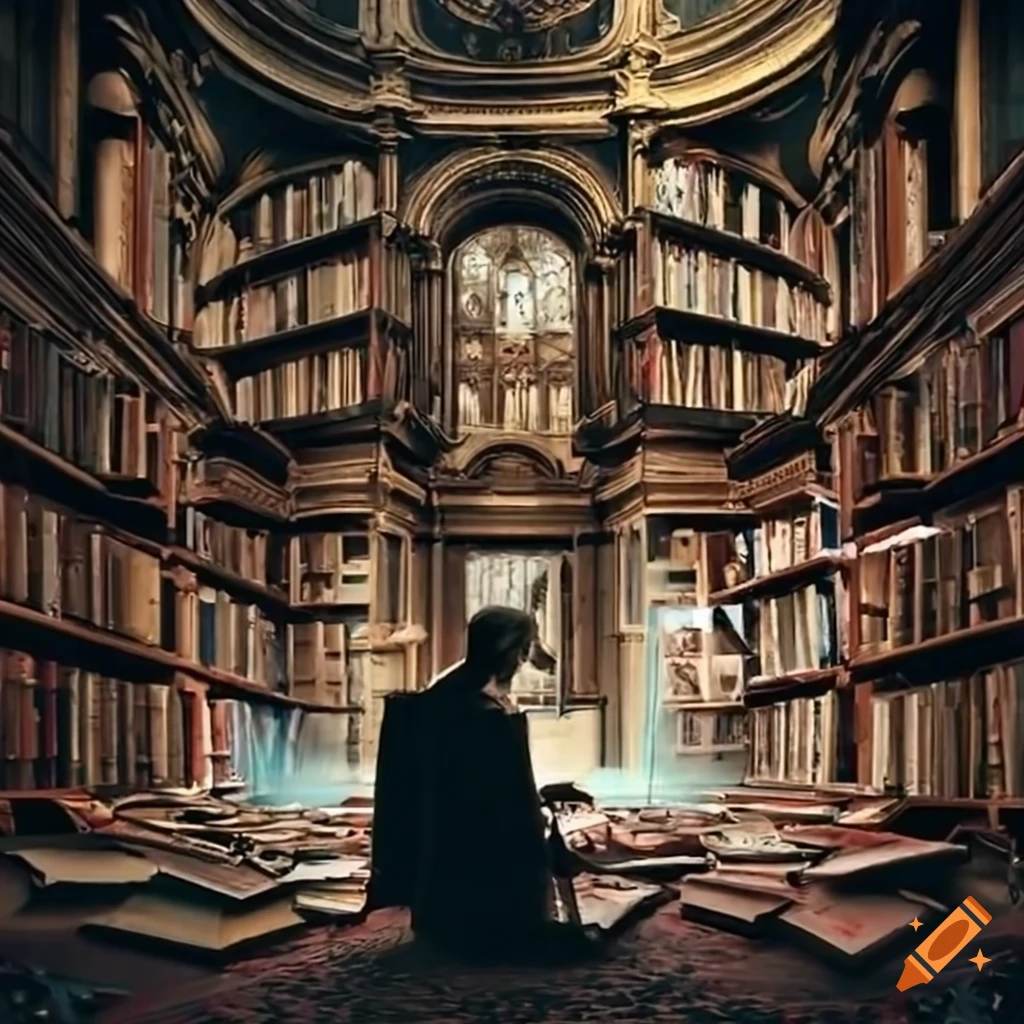 Surreal philosopher amidst chaos in a library with flying books on Craiyon