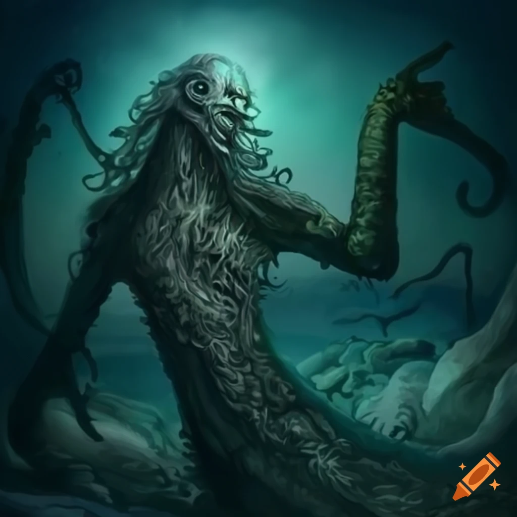 Eldritch lovecraftian sea god emerging from the sea on Craiyon