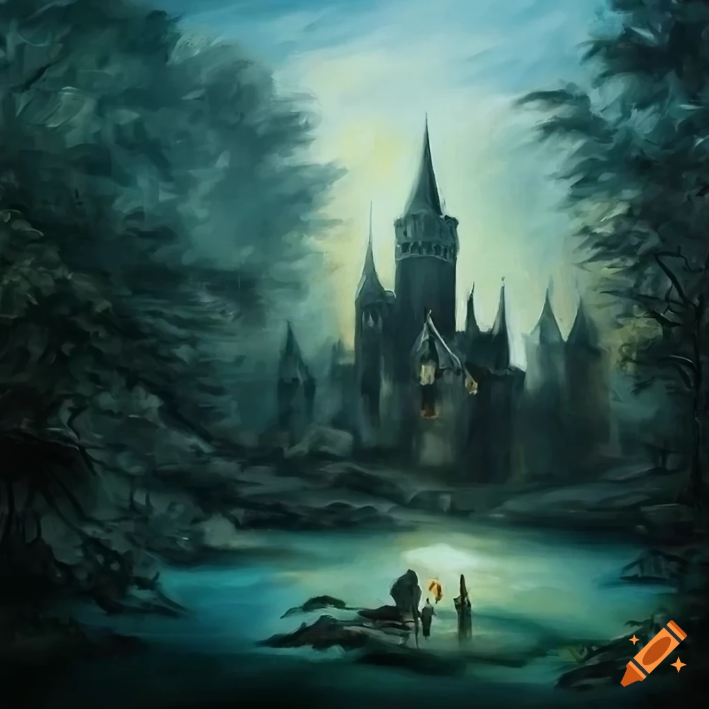Gothic scenery of a forest and castle in an oil painting style on Craiyon