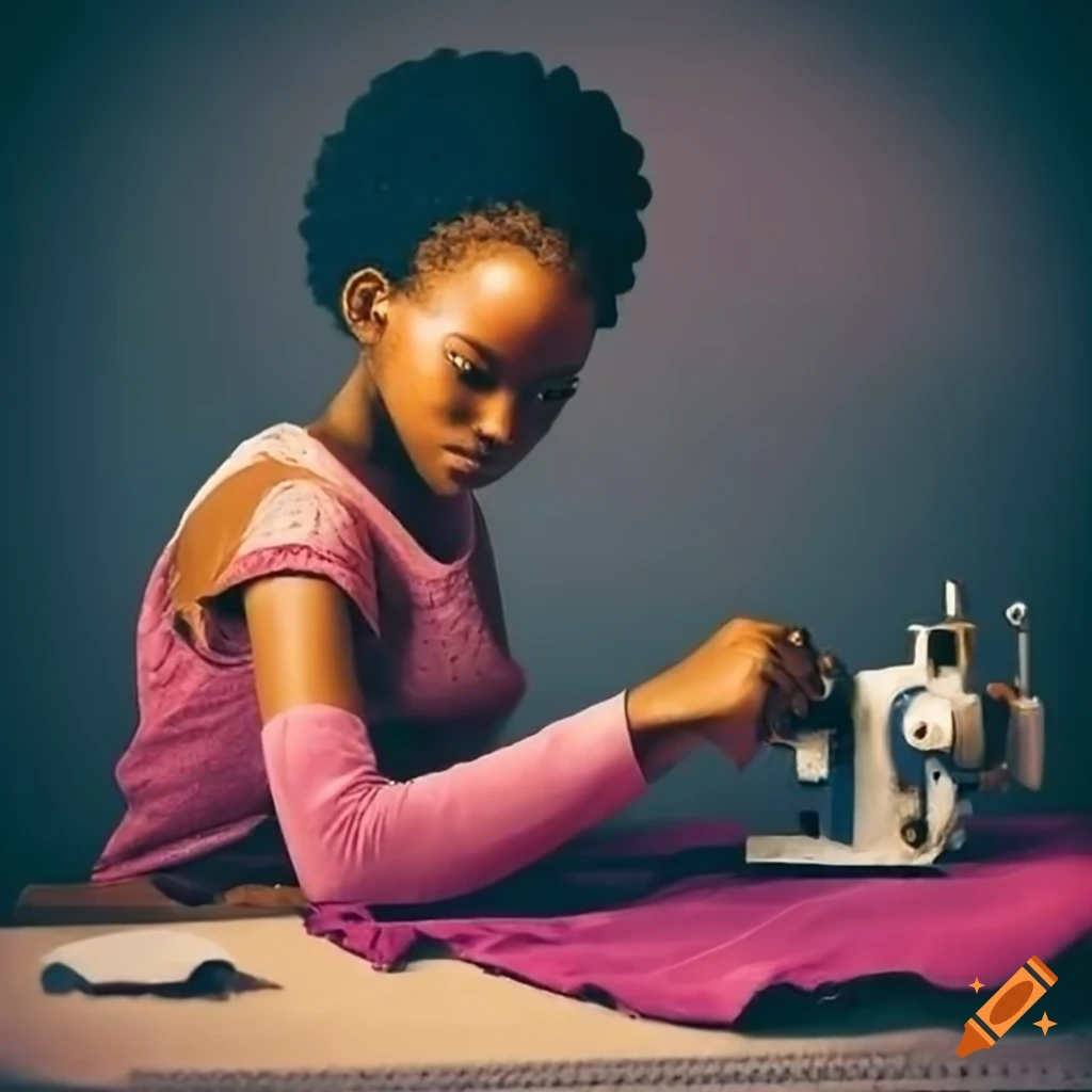African girl sewing skillfully at a sewing machine on Craiyon