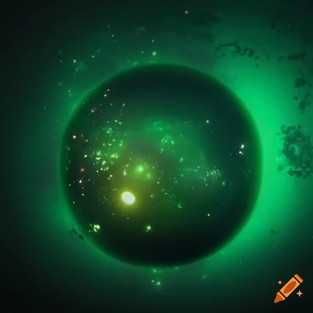 Ethereal green figure with floating orb and particles on Craiyon