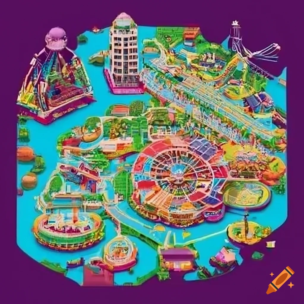 Vibrant city map showing mansions, houses, and an amusement park on Craiyon