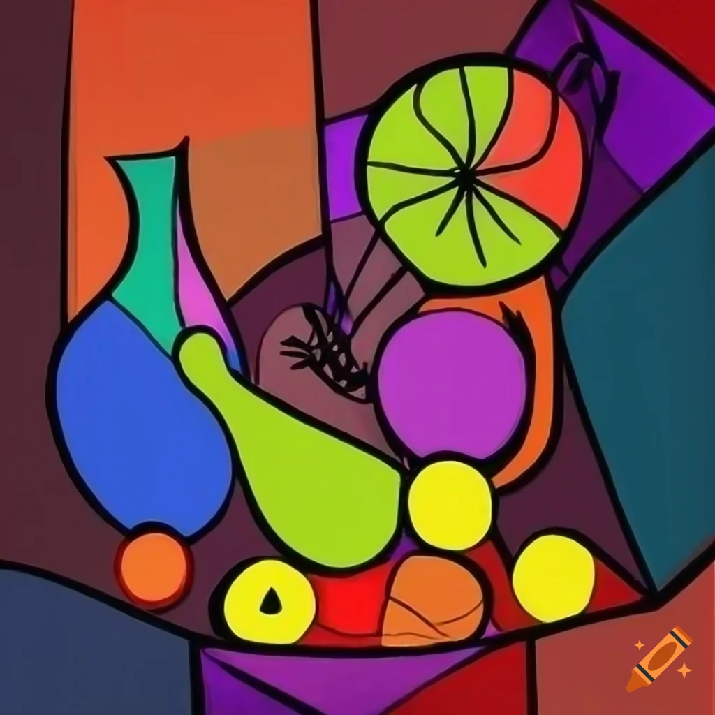 Colorful cubism still life art with fruits and flowers in Picasso style ...