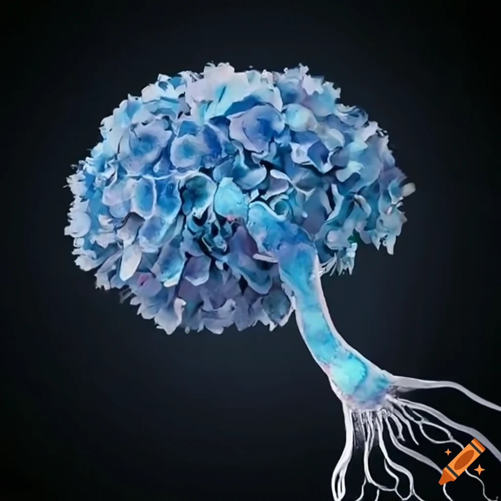 Neuron axon merging into a hydrangea flower on Craiyon