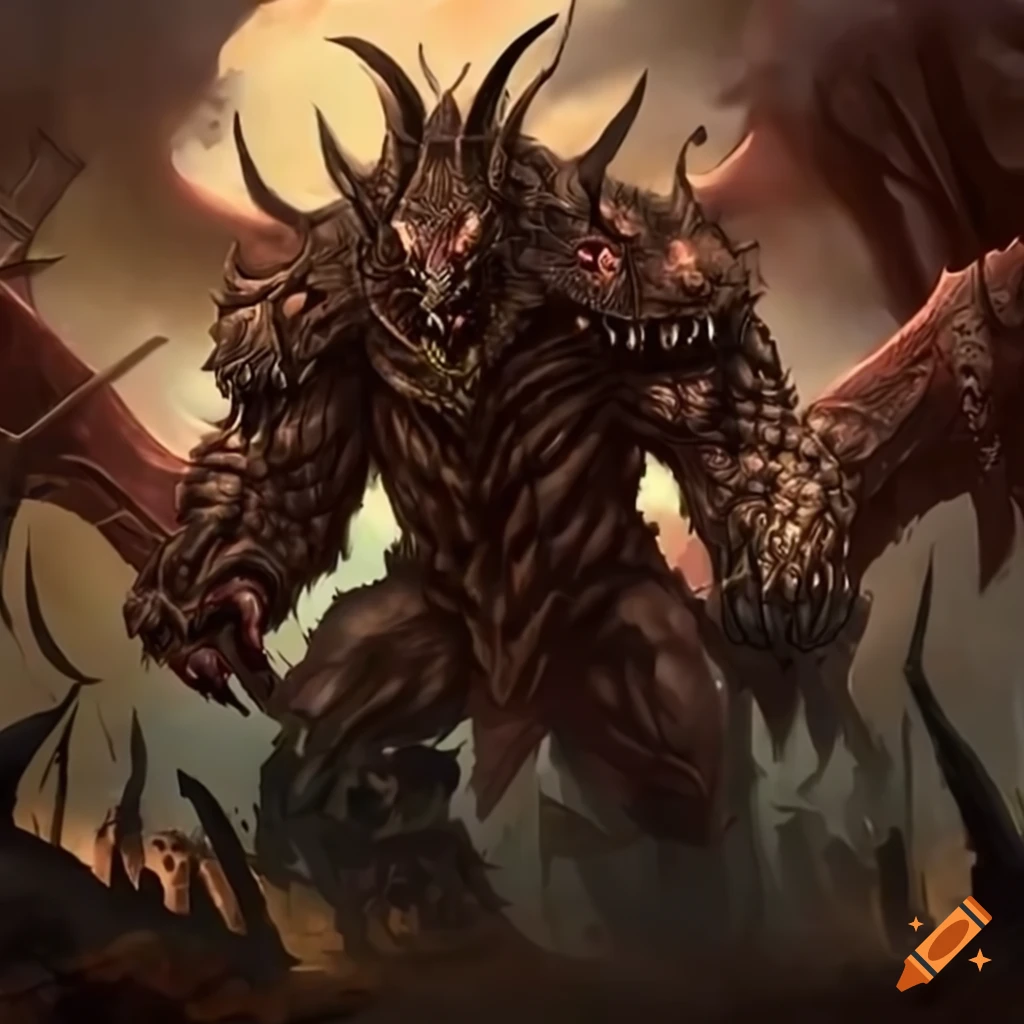 Armored beast-lord leading scary creatures into battle on Craiyon