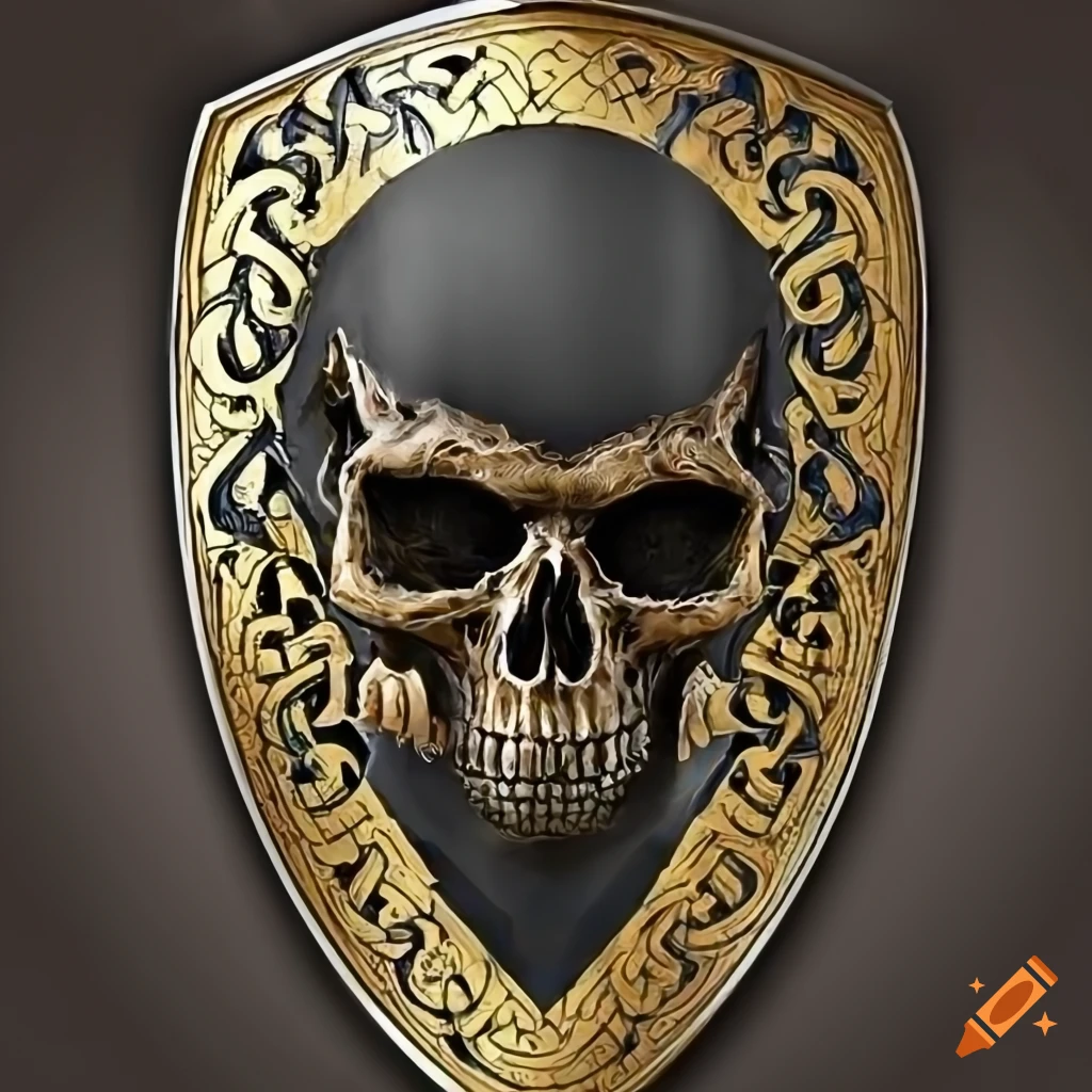 Detailed gothic shield with black and gold celtic patterns and skull ...