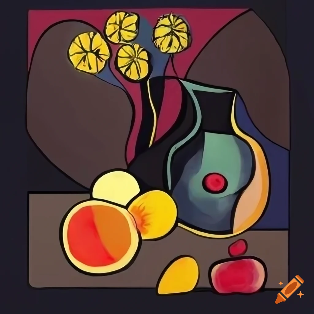 Colorful cubism picasso-style still life with fruits and flowers on Craiyon