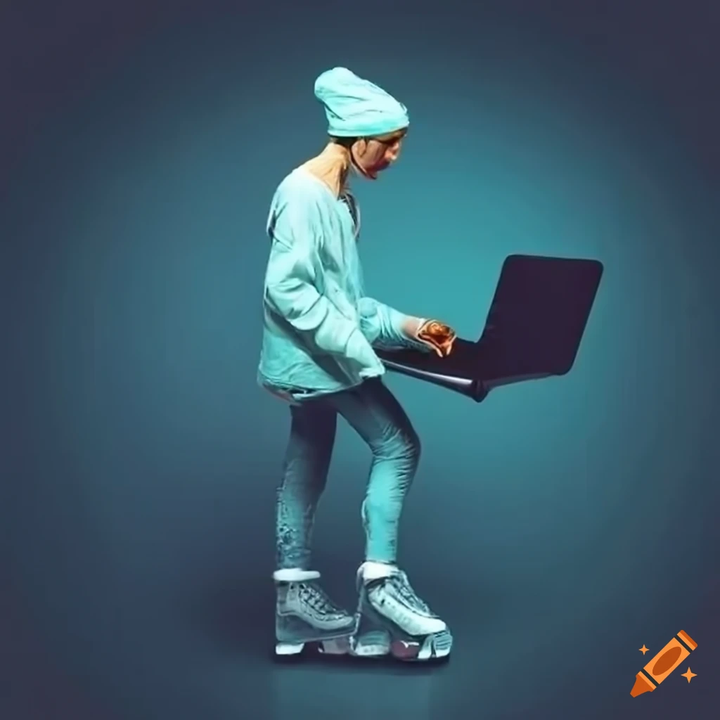 Computer programmer ice-skating and multitasking with laptop on Craiyon