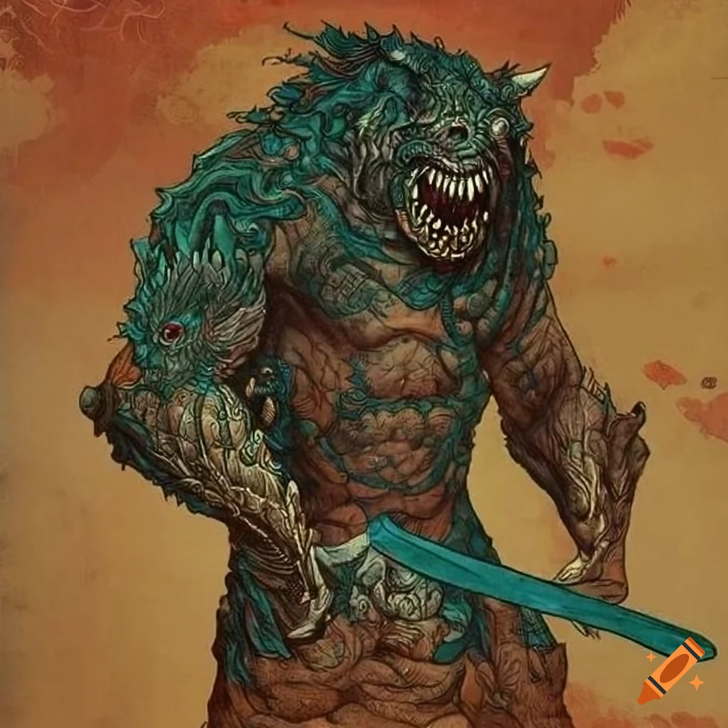 One-eyed mountain monster with sword and body art in illustration by ...