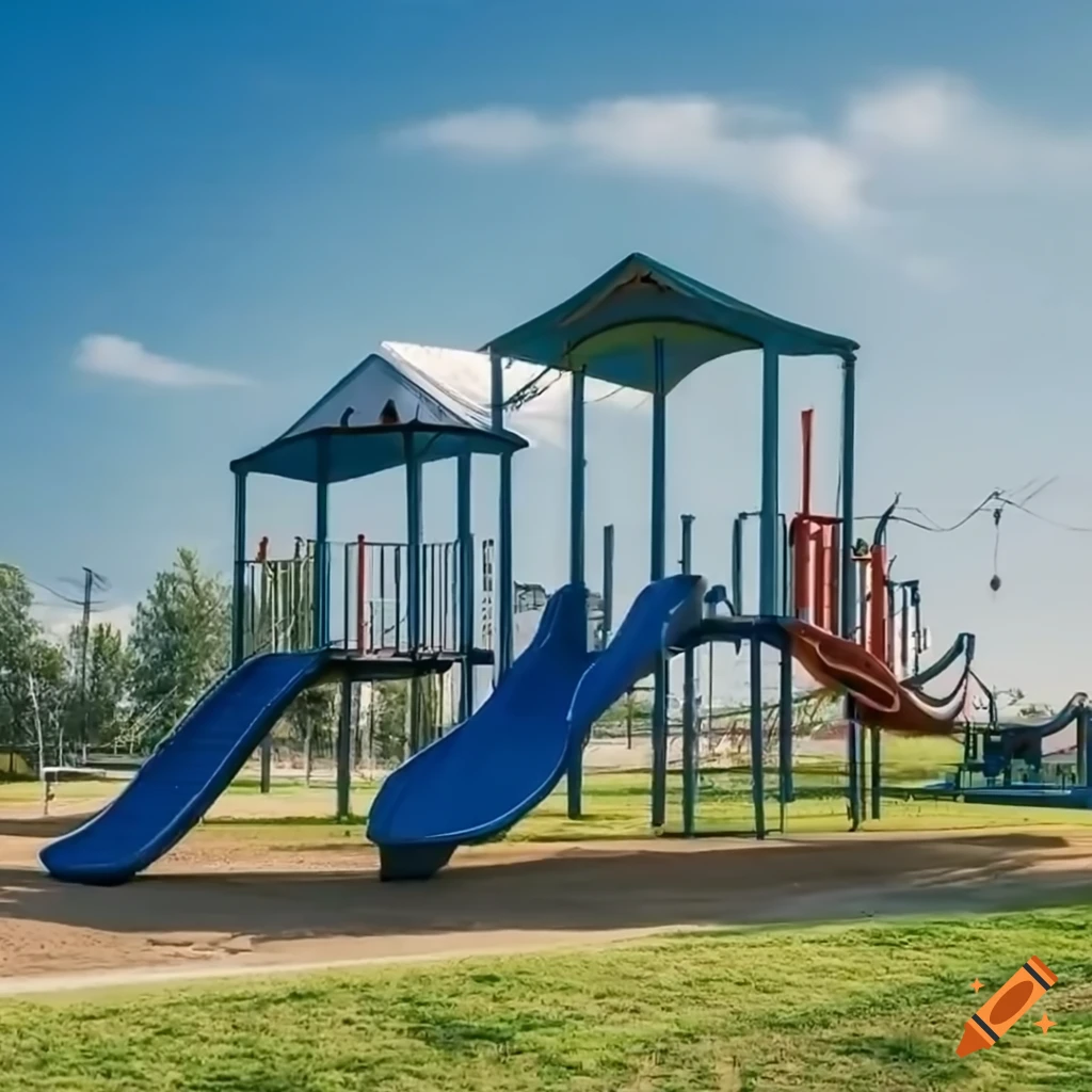 Playground with slides and swings on a sunny day with clouds in the sky ...