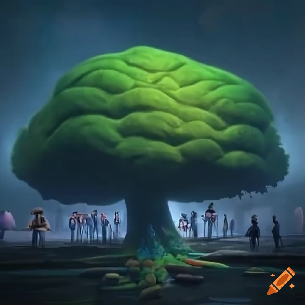 Big tree surrounded by people in the dark animated scene on Craiyon