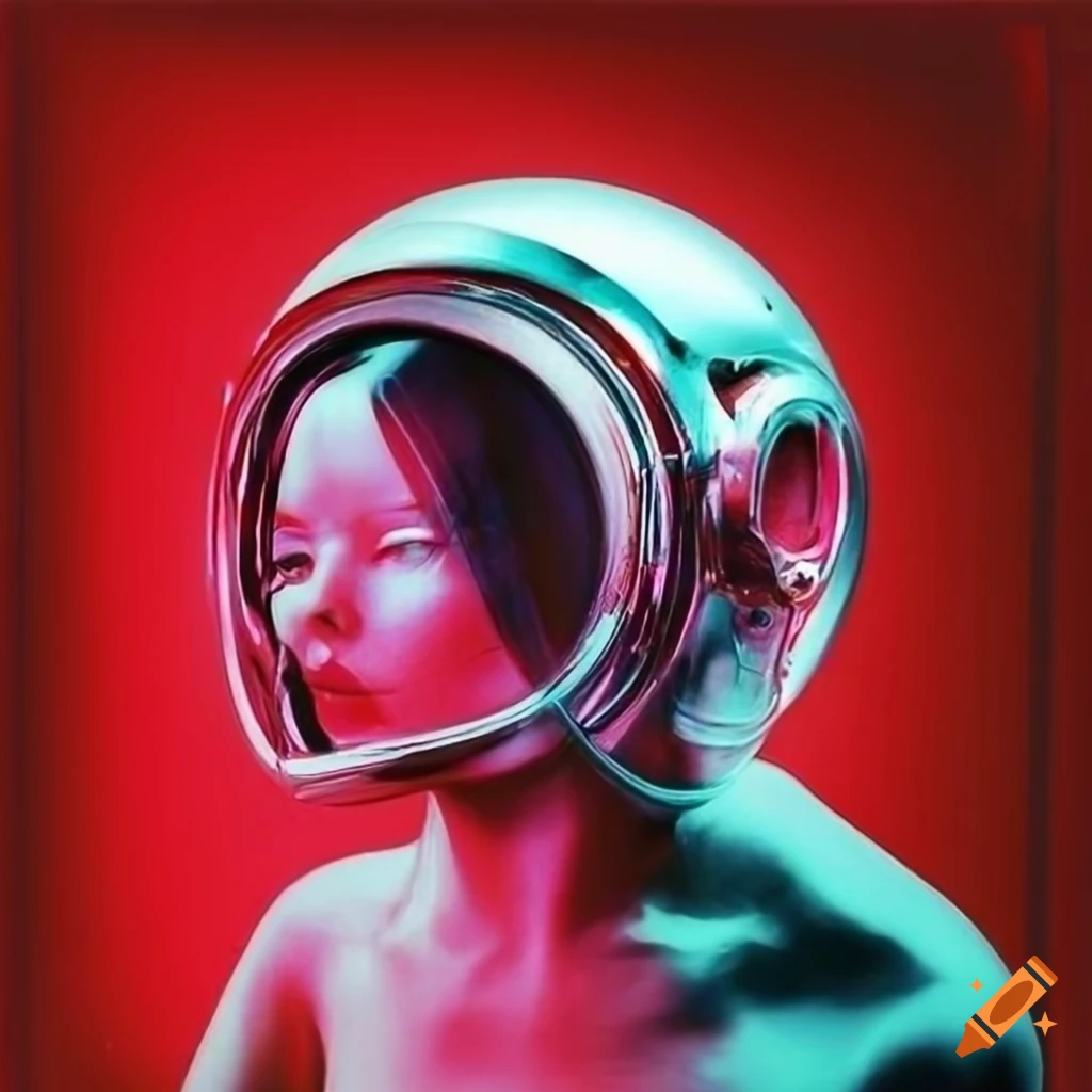 Futuristic chrome abstract creature x-ray Woman in astronaut helmet on ...