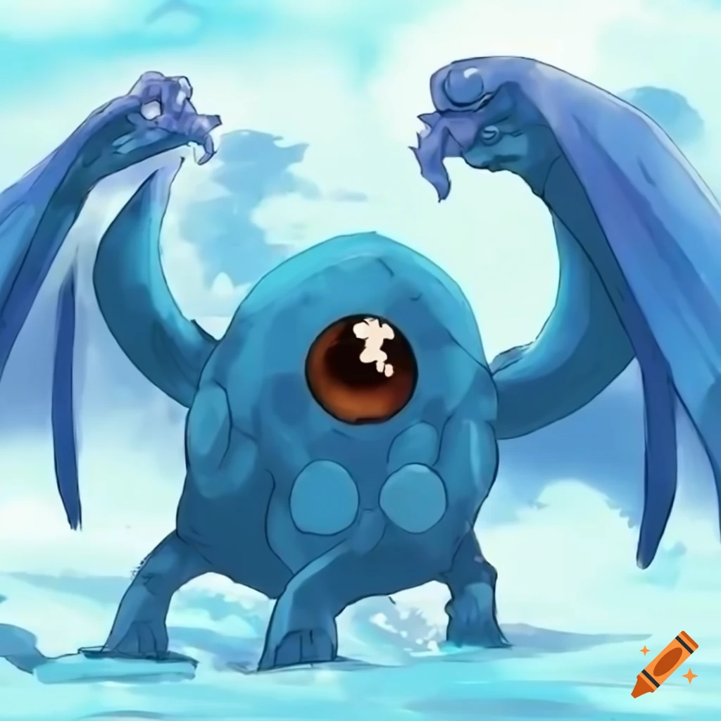 Cute blue blob monster evolving in yu-gi-oh! art style on Craiyon