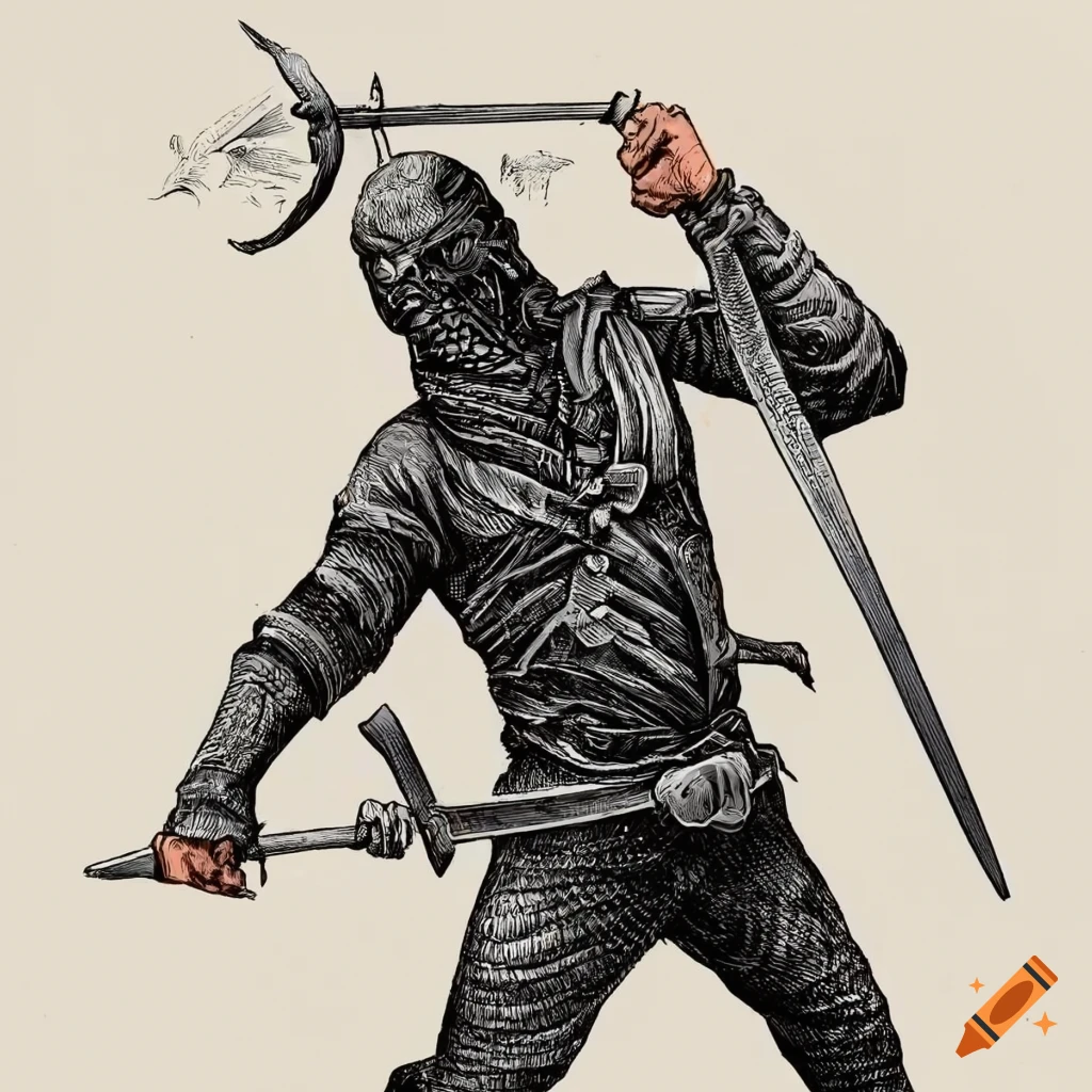Human thief with a melee weapon in the style of Karl Kopinski on Craiyon
