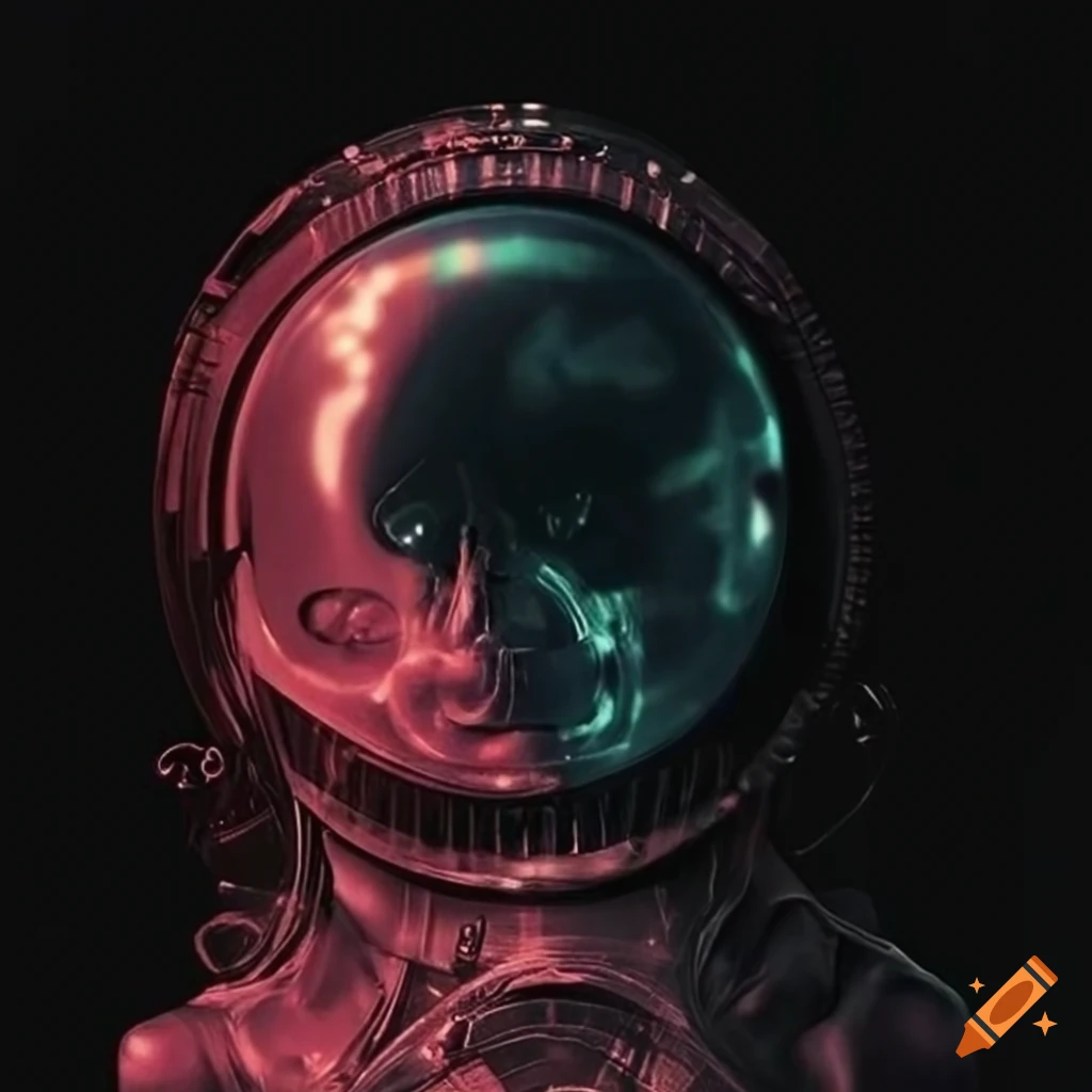 Futuristic chrome abstract creature x-ray with woman in astronaut ...