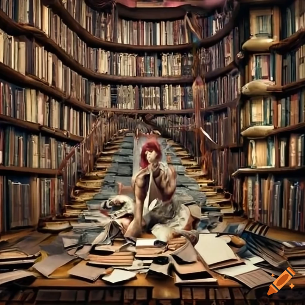 Surreal philosopher amidst chaotic library with flying books on Craiyon