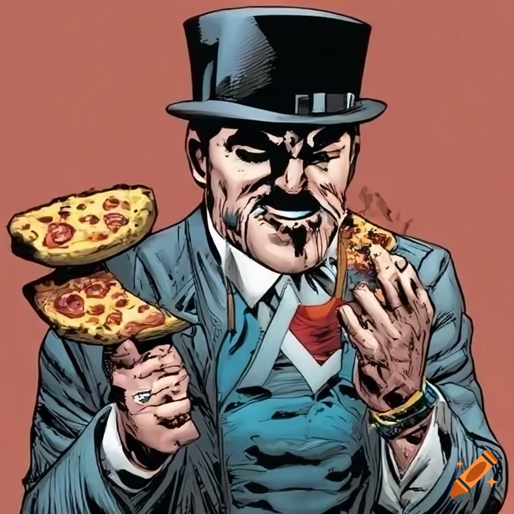 DC comic book gangster with top hat holding a pizza on Craiyon