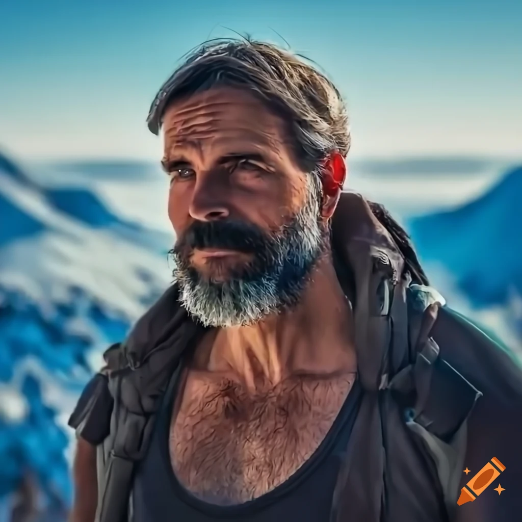 Mountain man with blue eyes and a rugged appearance hiking on snowy ...