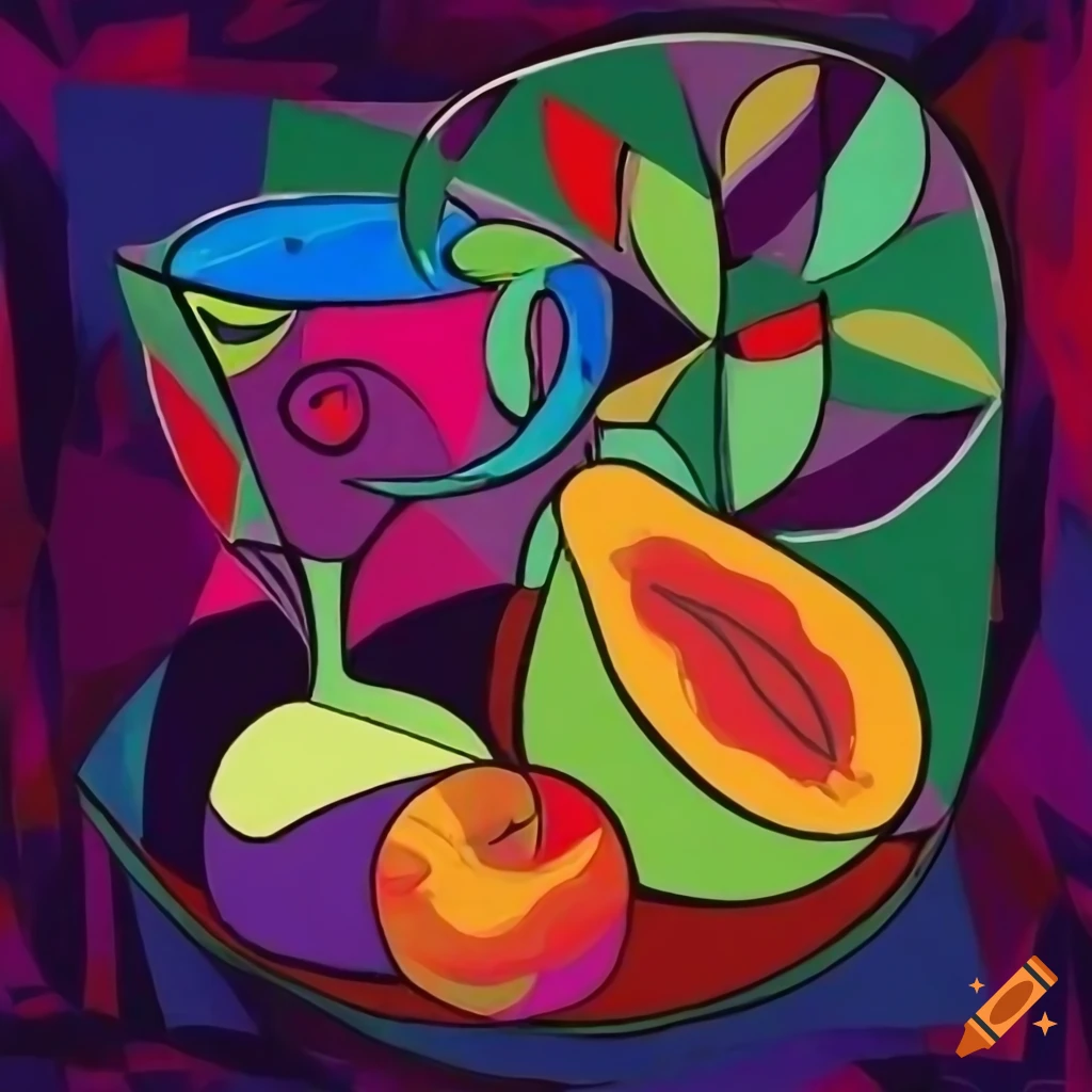Colorful cubism still life art with fruits and flowers in picasso style ...
