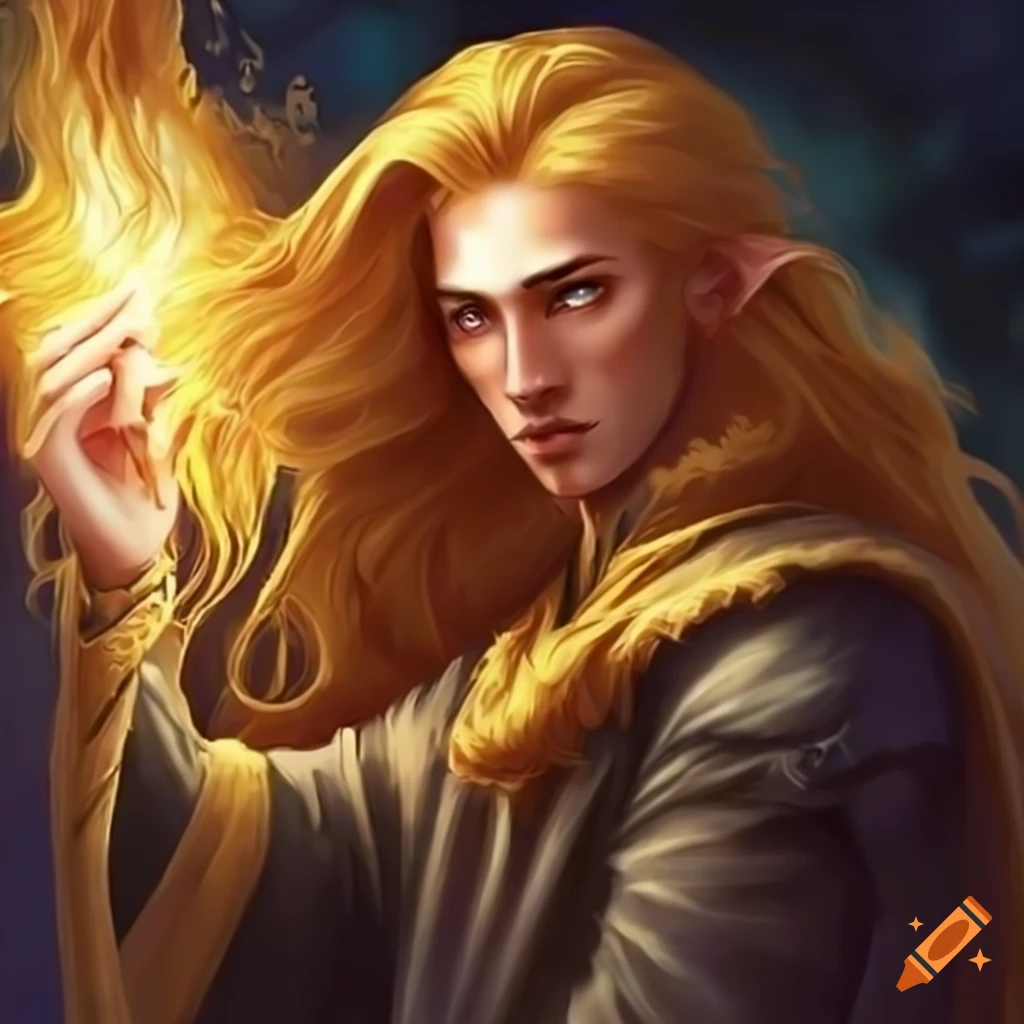 Powerful young adult male wizard with long blond hair exuding ancient ...