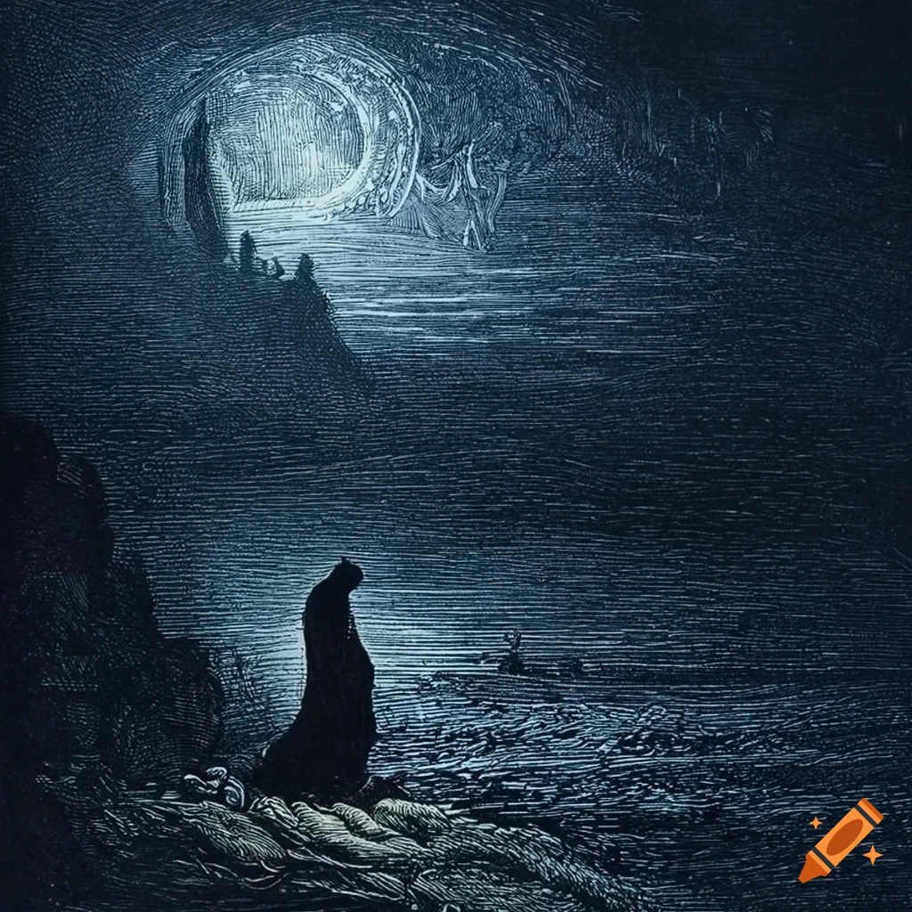 Man driving car alone at night in a gustave dore engraving on Craiyon