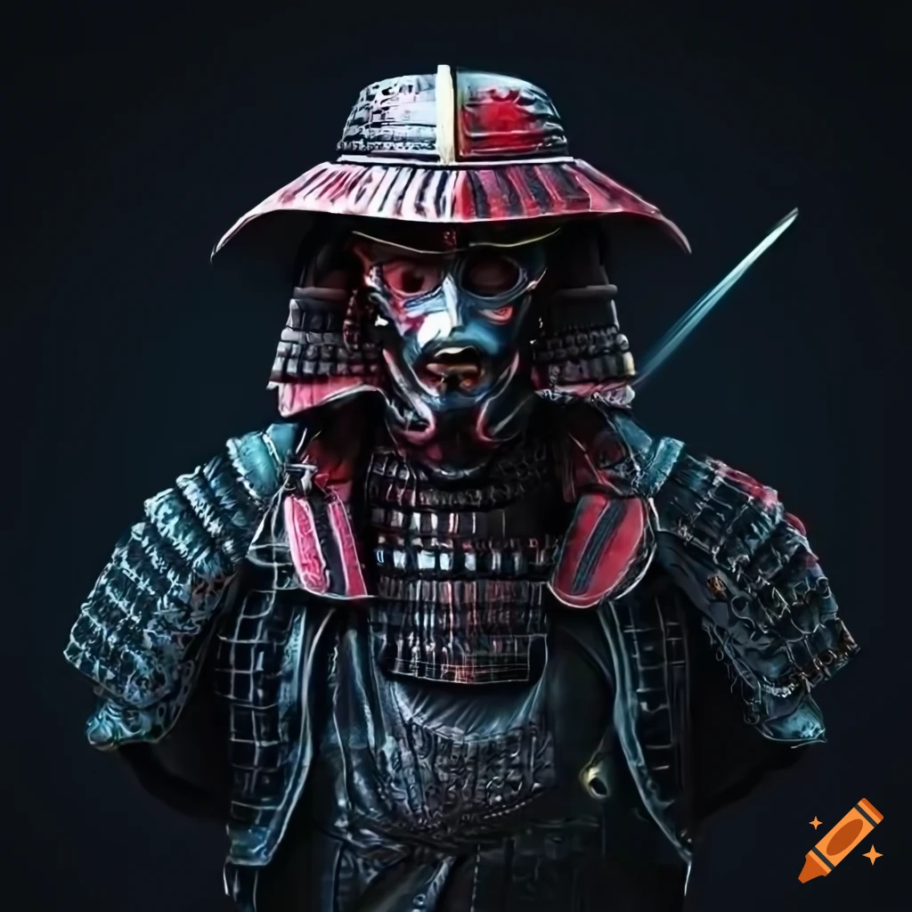Cyberpunk samurai in face mask with katana mounted on back on Craiyon