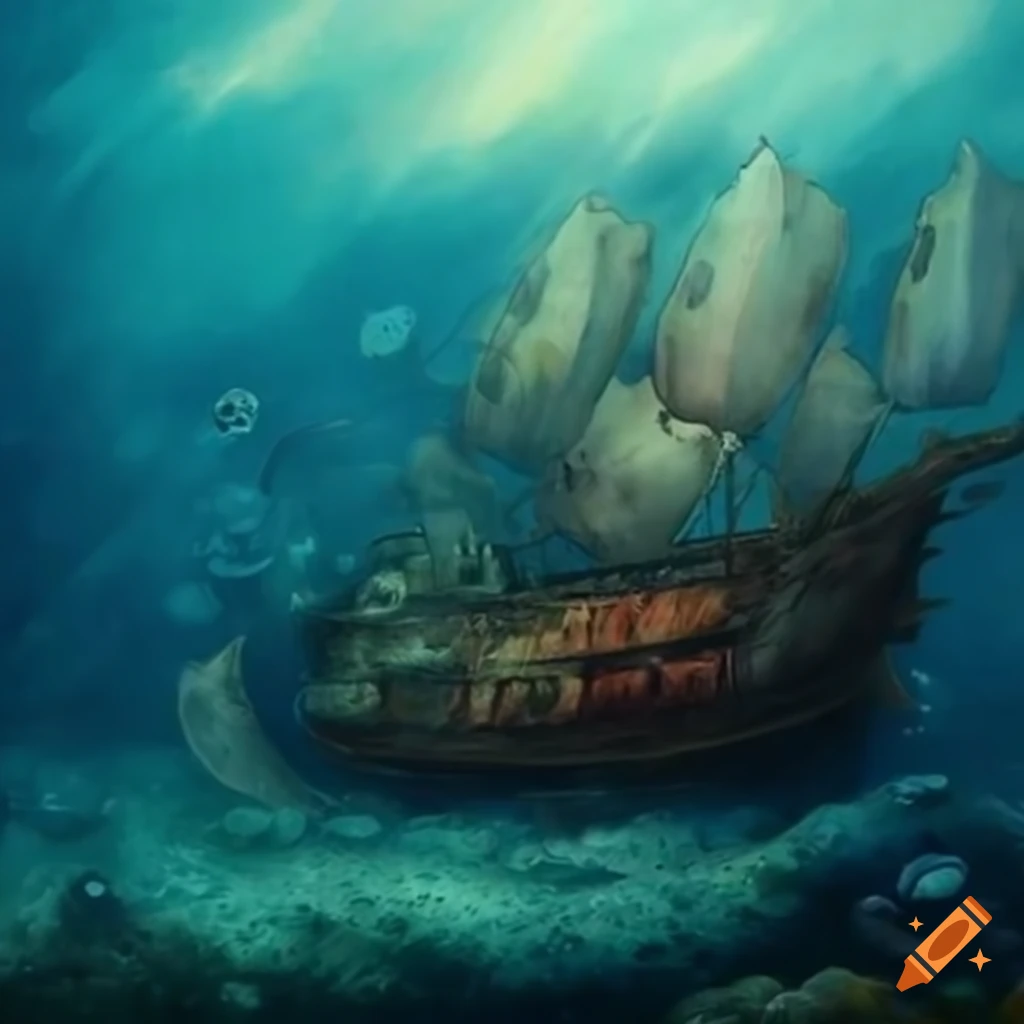 Underwater painting of mystical sea creature attacking a ship on Craiyon