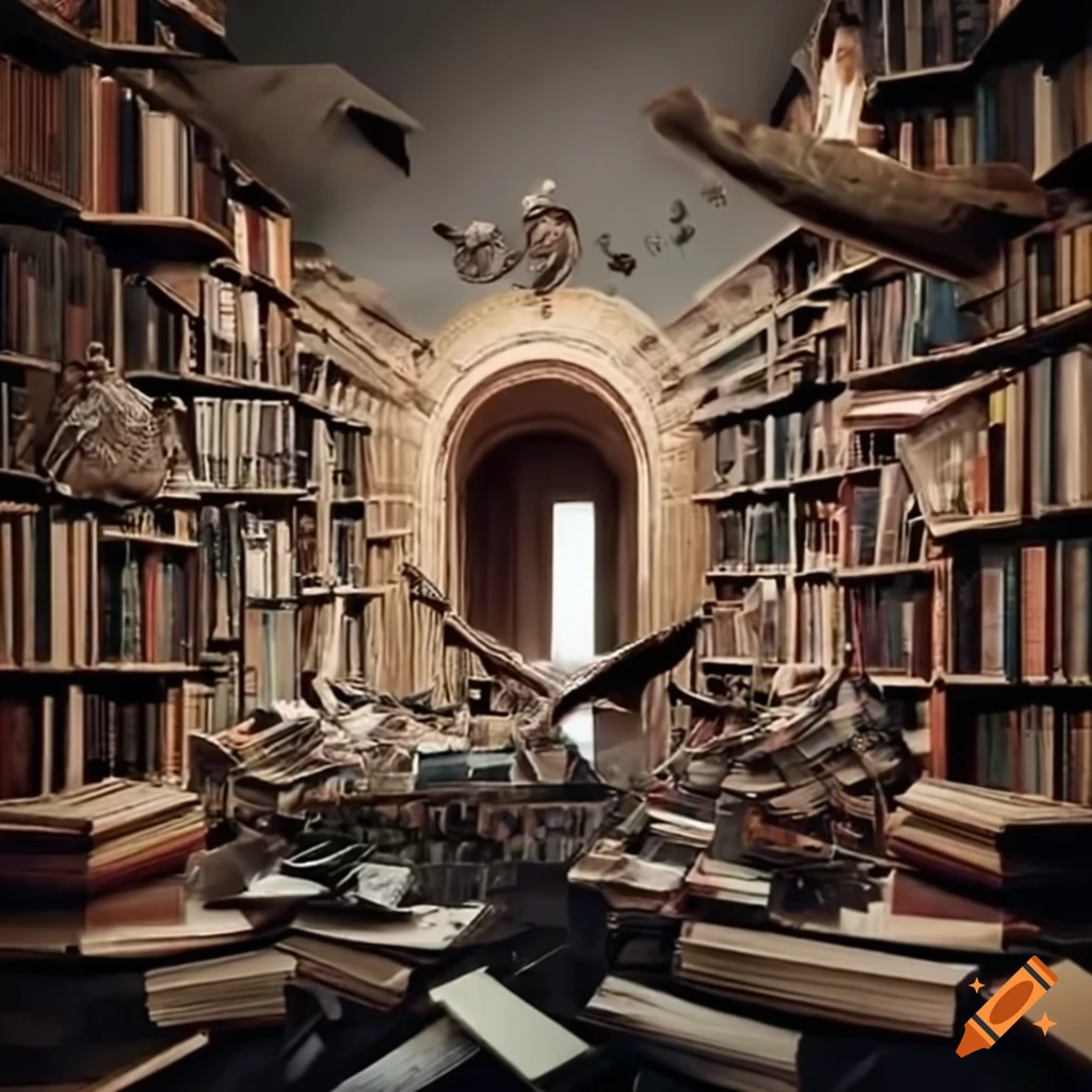Surreal philosopher in a chaotic library with flying books on Craiyon