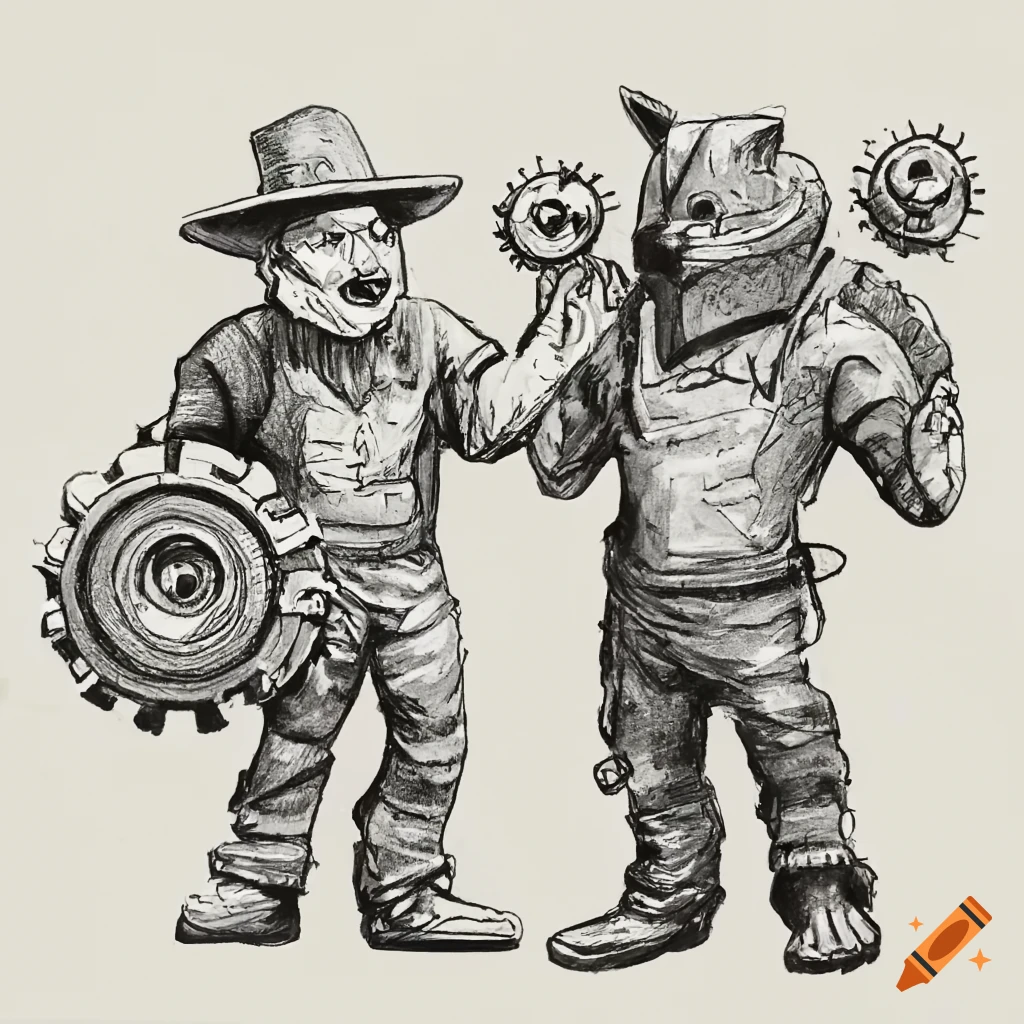 Humanoid badger mechanic and gnome exchanging knowledge in workshop ...