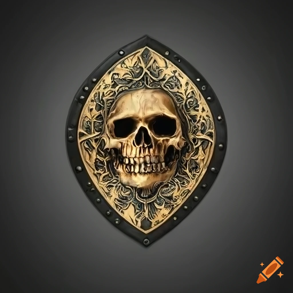 Gothic shield with black and gold Celtic patterns and skull design on ...