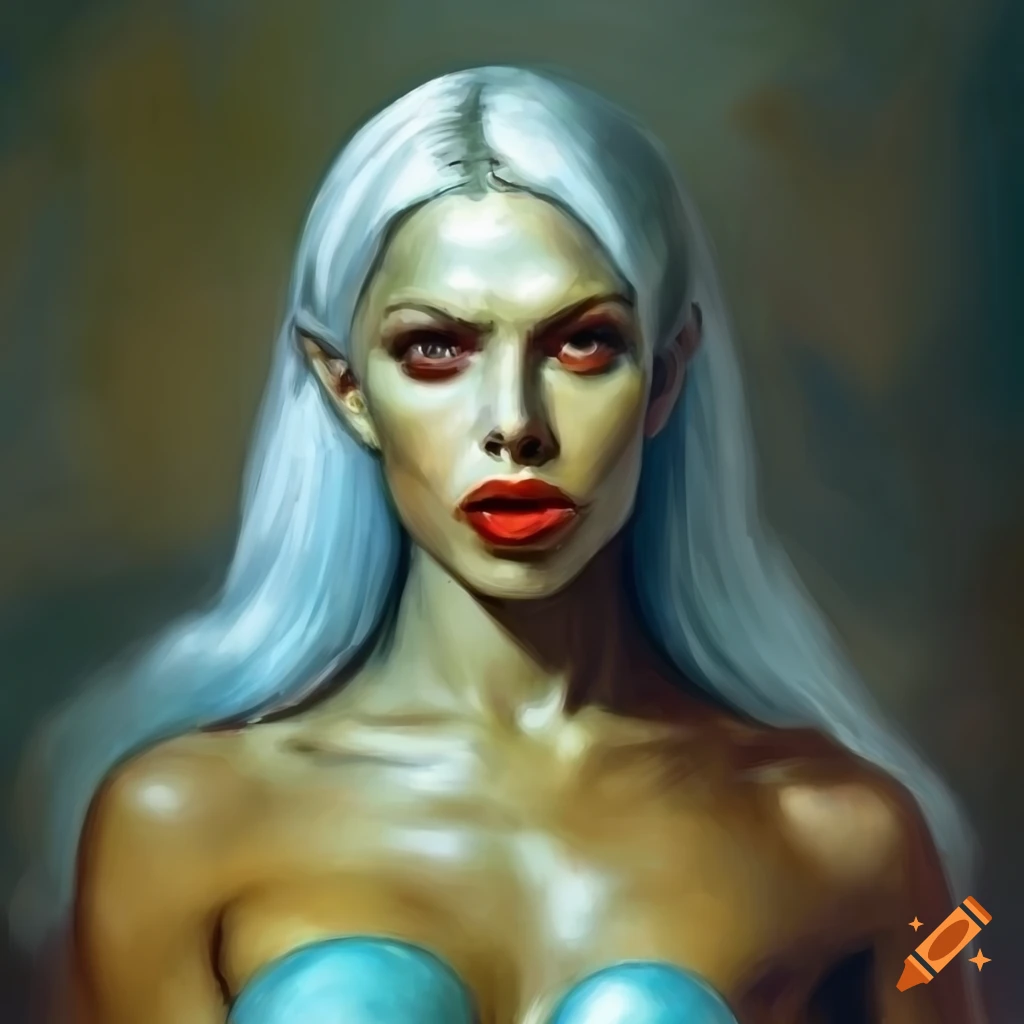 Beautiful female alien with blue skin and white hair, inspired by Boris Vallejo's style on Craiyon