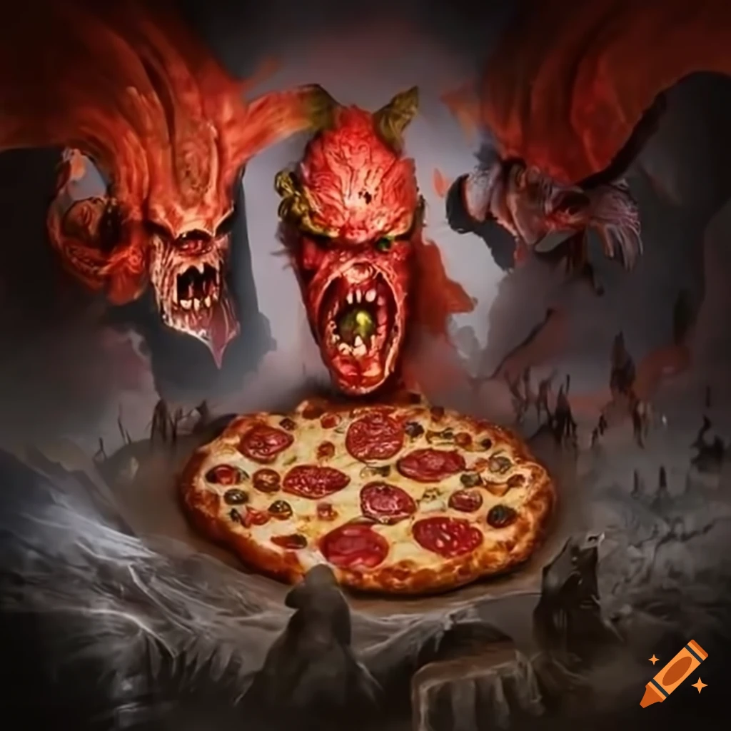 Fantasy battle against a pizza demon on Craiyon