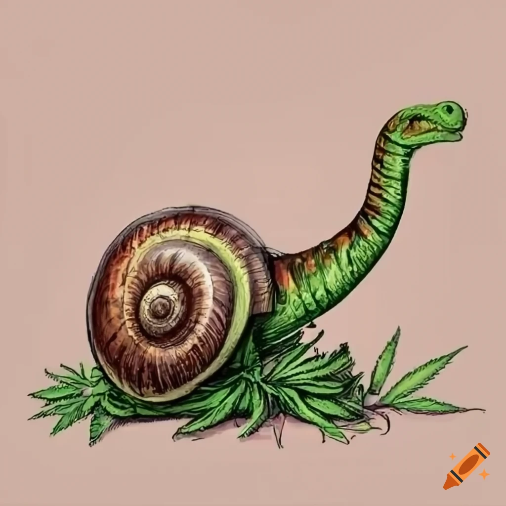 Snail and dinosaur enjoying marijuana in a detailed setting on Craiyon