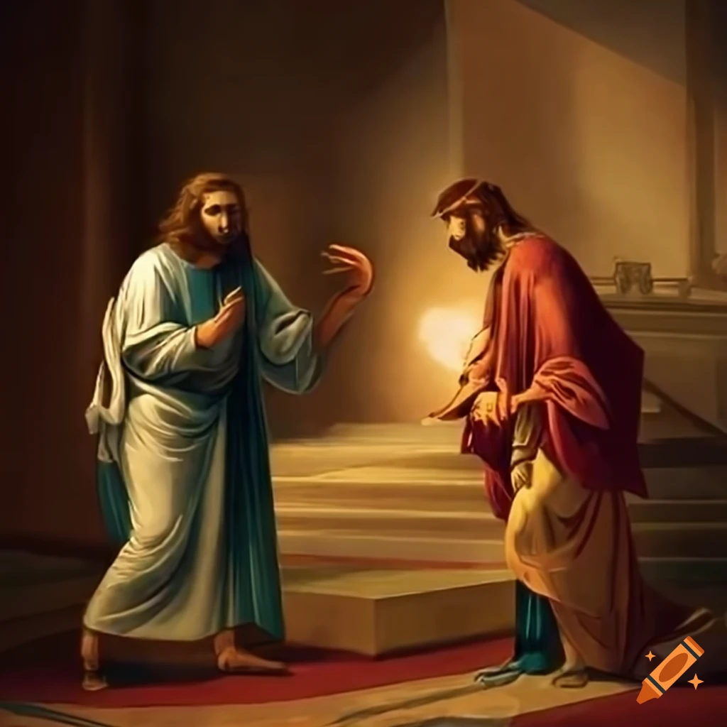 Jesus confronting money-changers at the temple in a biblical scene on ...