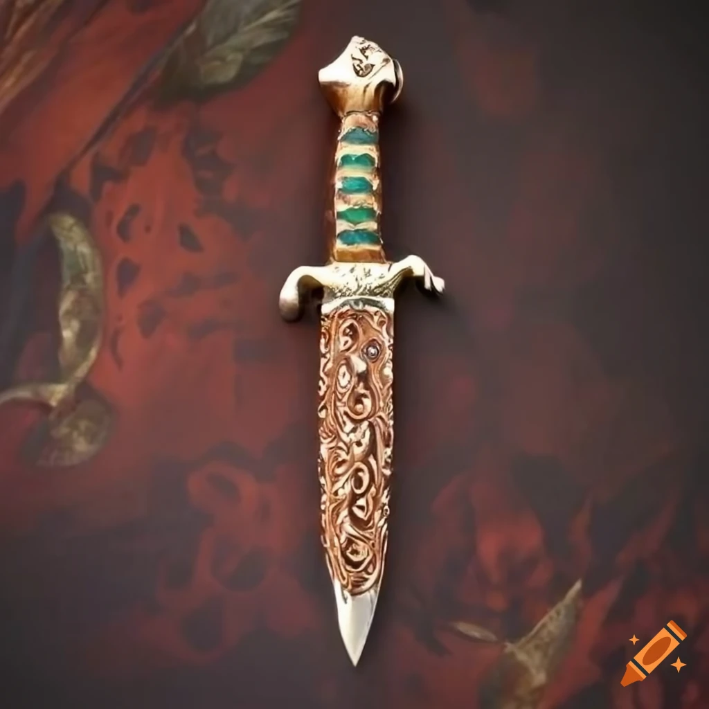 Damascus dagger with gold filigree and gemstones on Craiyon