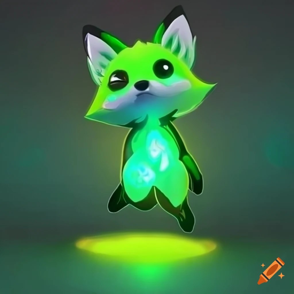 Adorable chibi neon fox in vibrant green and black colors on Craiyon