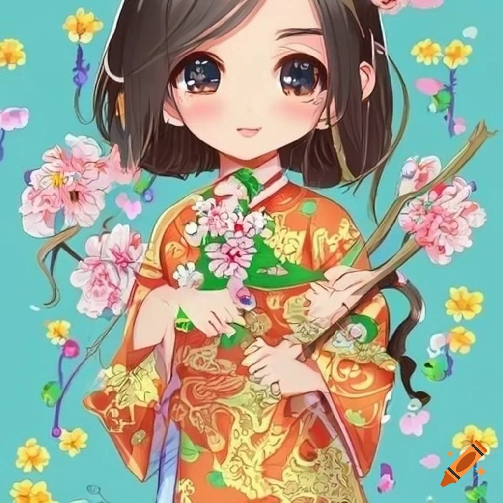 Chibi anime illustration of Vietnamese girl in ao dai dress with ...