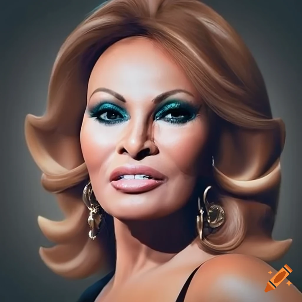 Detailed portrait of Raquel Welch with symmetrical eyes and black latex ...
