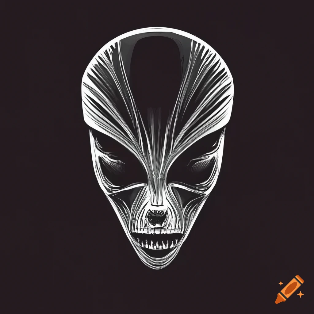 Alien head in 2d vector logo design in black and white on Craiyon