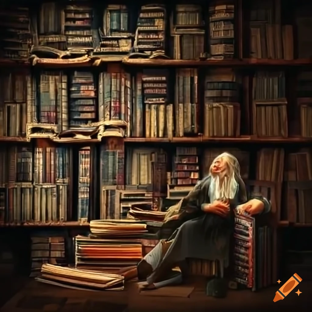 Surreal philosopher surrounded by flying books in a chaotic library on ...