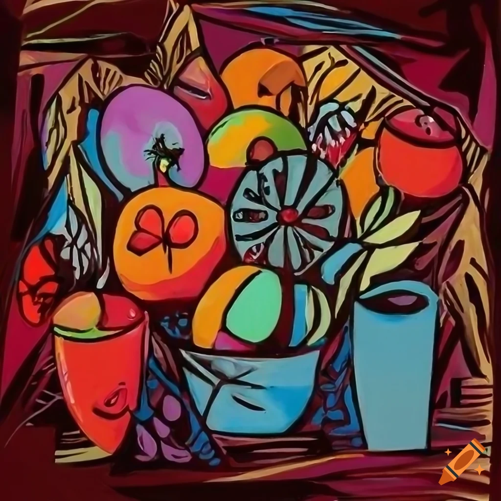 Colorful cubism still life art with fruits and flowers in Picasso style ...