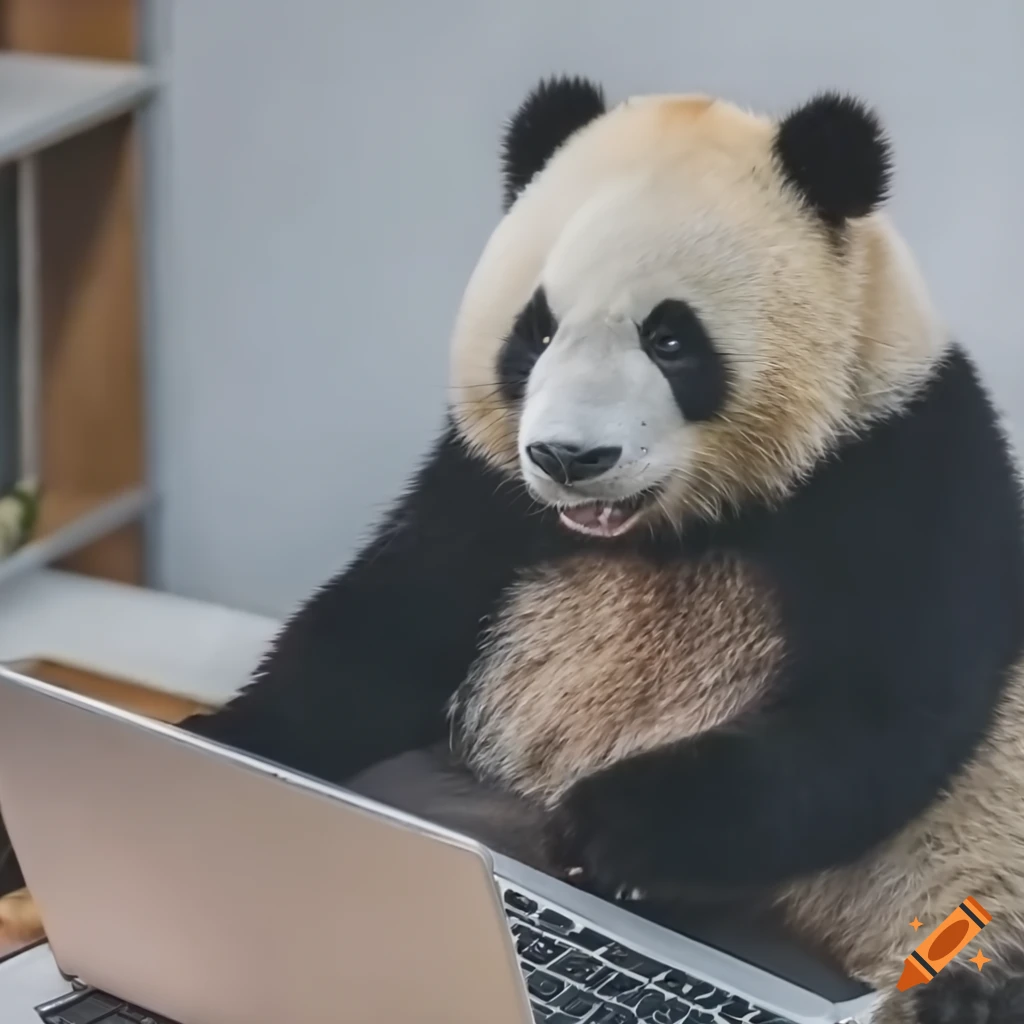 Panda bear using a laptop in an office setting on Craiyon