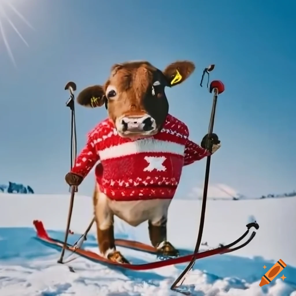 Happy Swiss cow skiing in the snow with a Swiss flag woolen jumper on ...