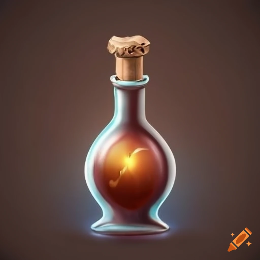 Fantasy flask of magical potion with silver and brown layers on Craiyon