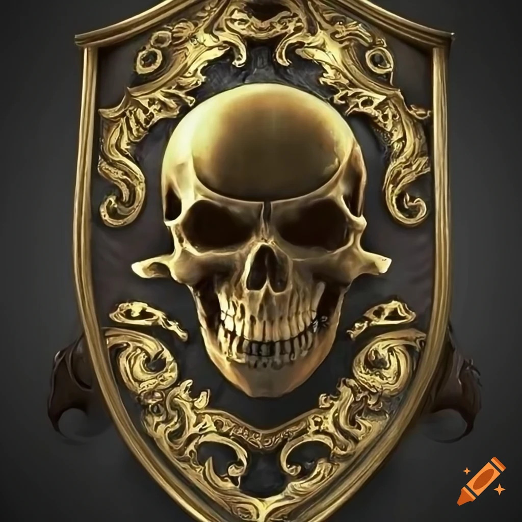 Ornate pirate skull motif shield in dark gold colors on Craiyon