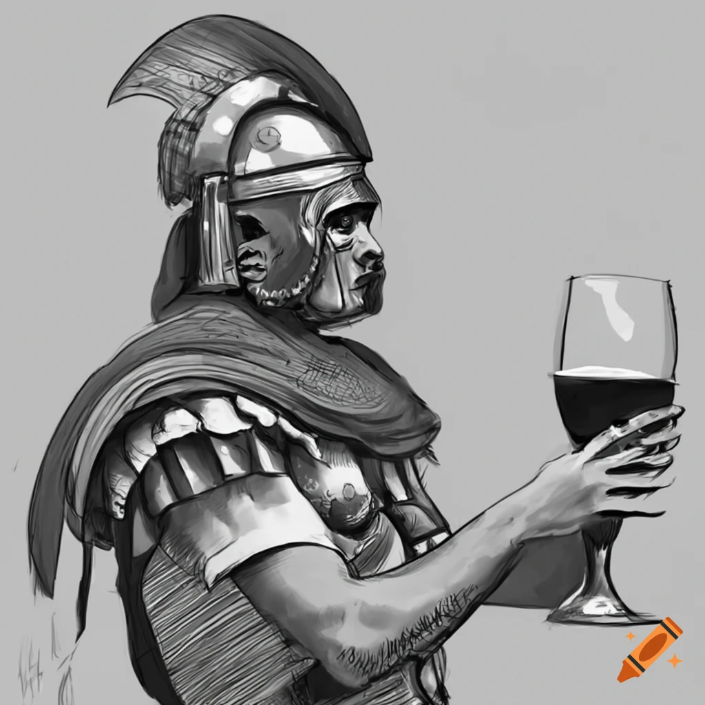 Roman soldier drinking in black and white on Craiyon