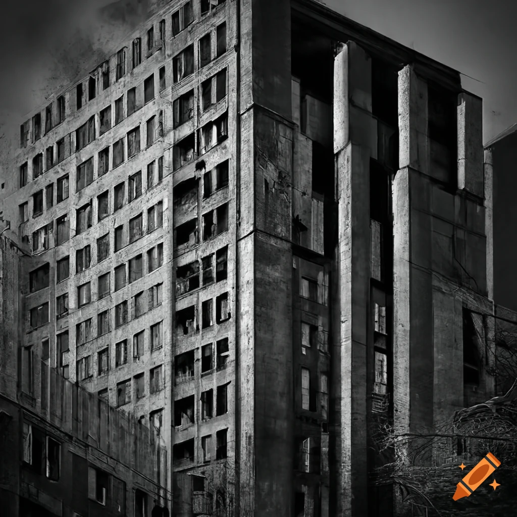 Hospital with a brutalist facade named Plozo in a dystopian urban ...