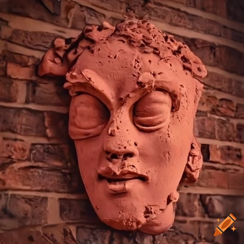 Red clay sculpture of a head on a manor house wall in a vineyard ...